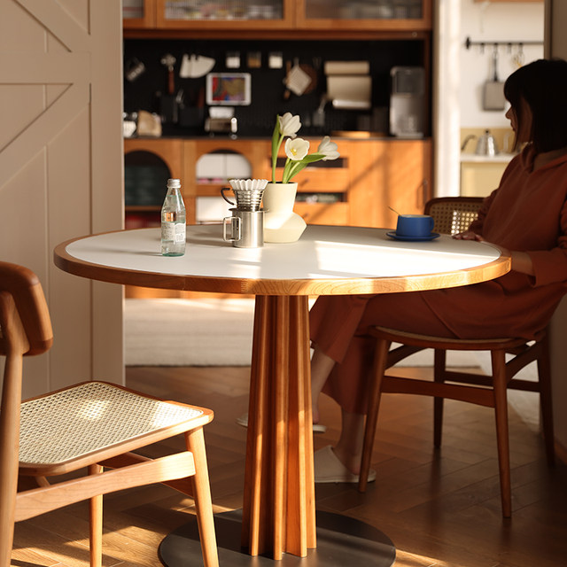 Fushengji/Nordic solid wood round table slate retro living room restaurant home small apartment ...