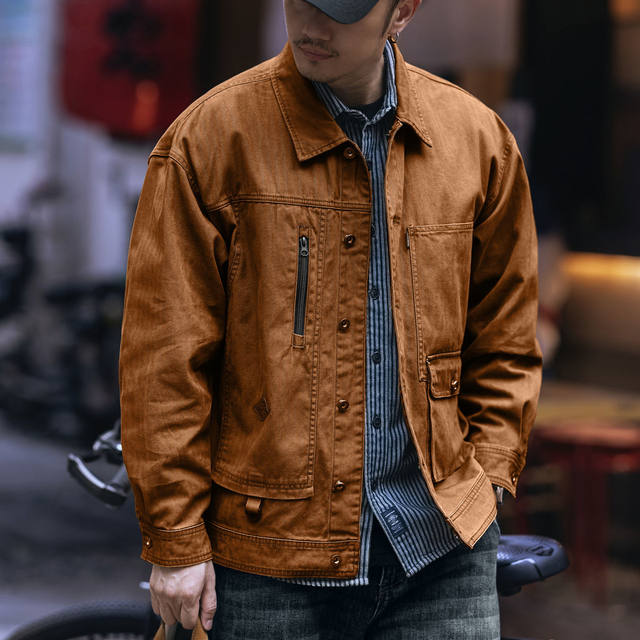 American retro high -end workplace denim jacket Men's spring and autumn ...