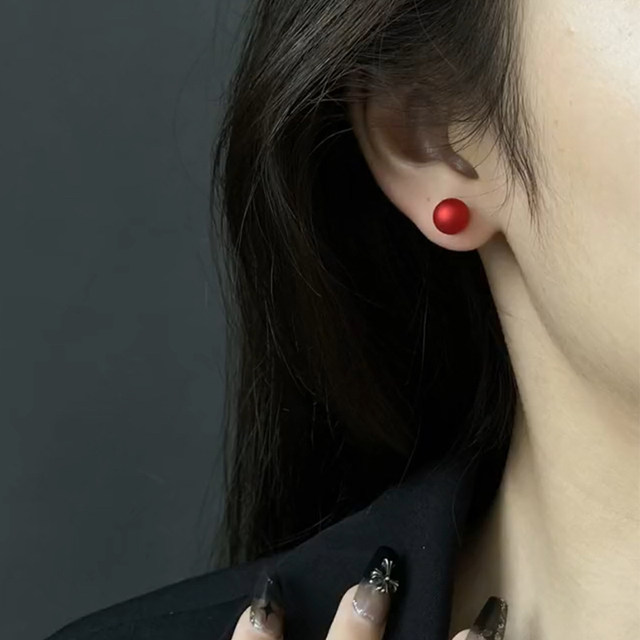 Red matte frosted pearl earrings sterling silver temperament Korean new ...