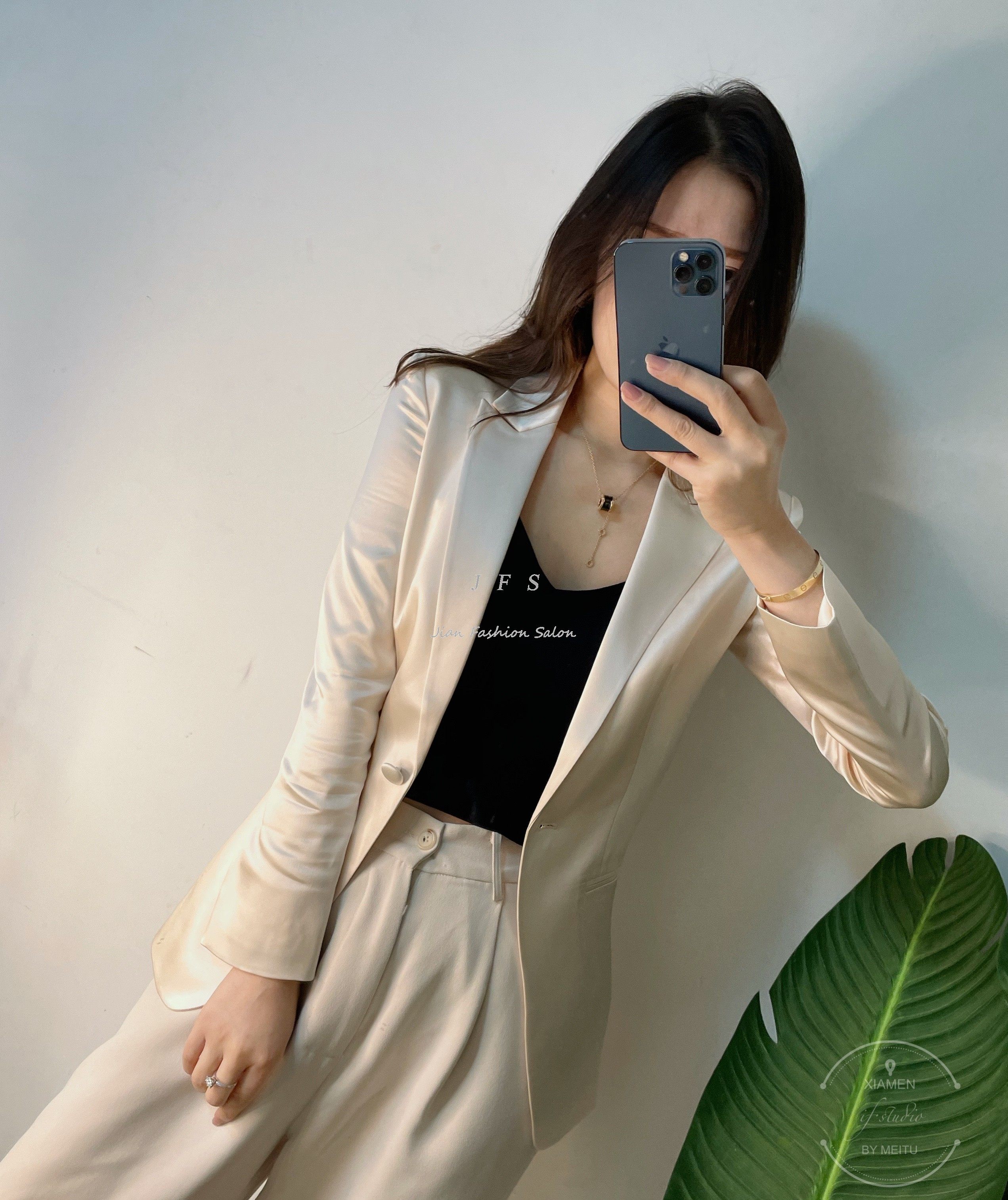 JFS new high-end silk satin gun lapel one-button slim-fit business suit