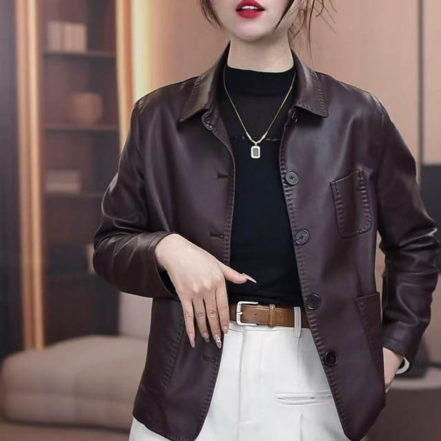 2025 new simple solid color motorcycle suit short jacket leather jacket ...