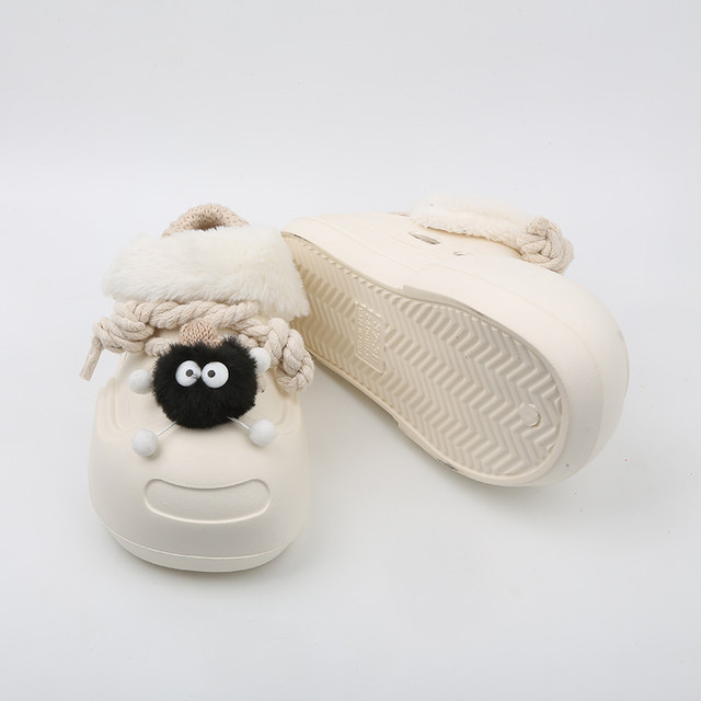 SUNNYCOLOR cute fur ball plus velvet clogs women's winter outer wear ...