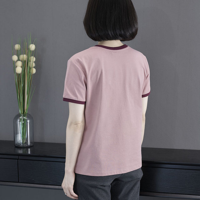 Women's summer new shirt round collar pink loose large size middle ...