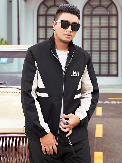 Large size men's spring and autumn trendy brand stand collar jacket fat ...