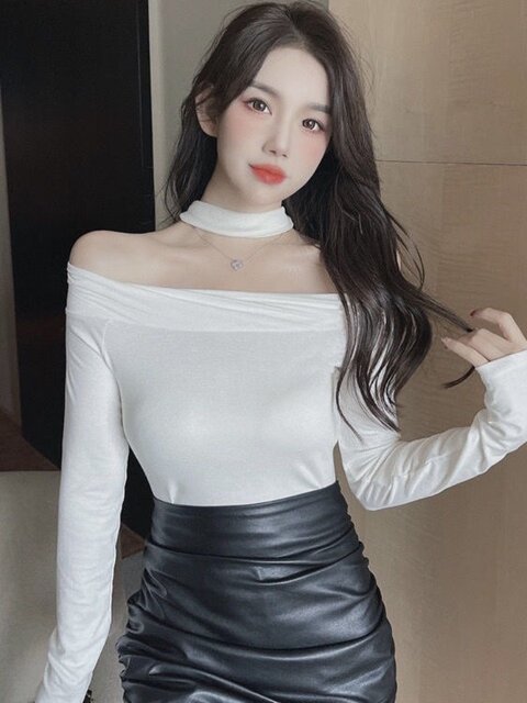 New autumn one-shoulder halter neck long-sleeved top solid color ...