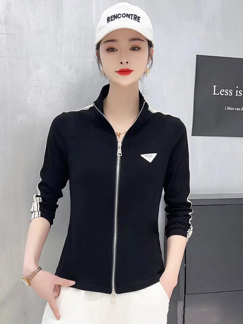 Autumn French stand-up collar new zipper long-sleeved T-shirt 2024 ...