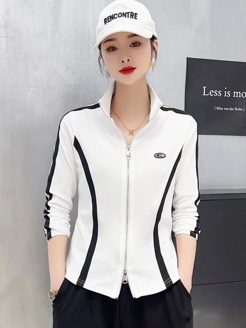 Autumn French Stand-Up Collar New Zipper Long-Sleeved T-Shirt 2024 ...