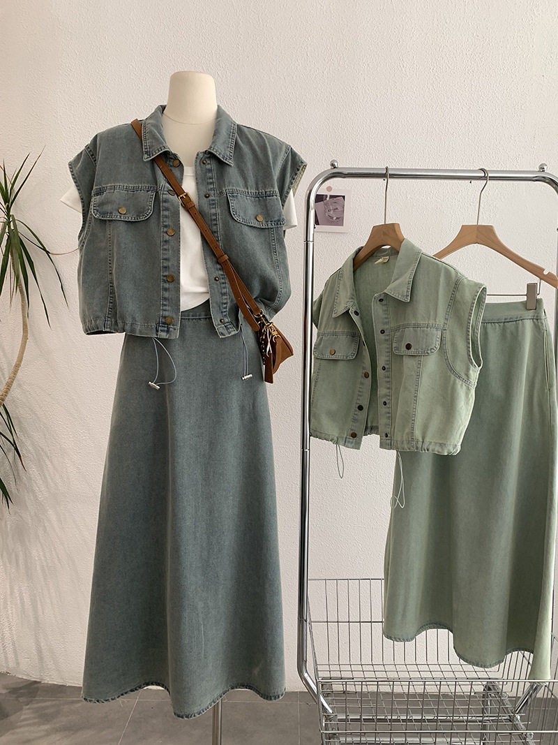 2025 lapel snap hem drawstring short Denim Tops + Mid Length Long ...