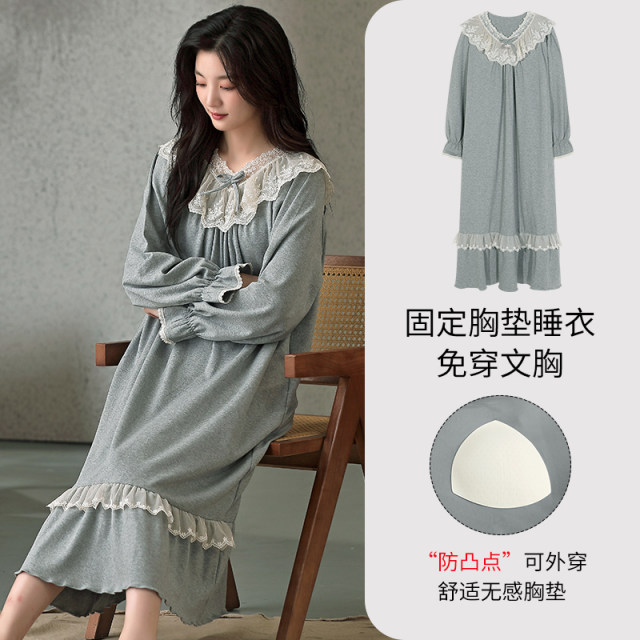 Autumn and winter pajamas, nightgown, women's pure cotton long-sleeved ...