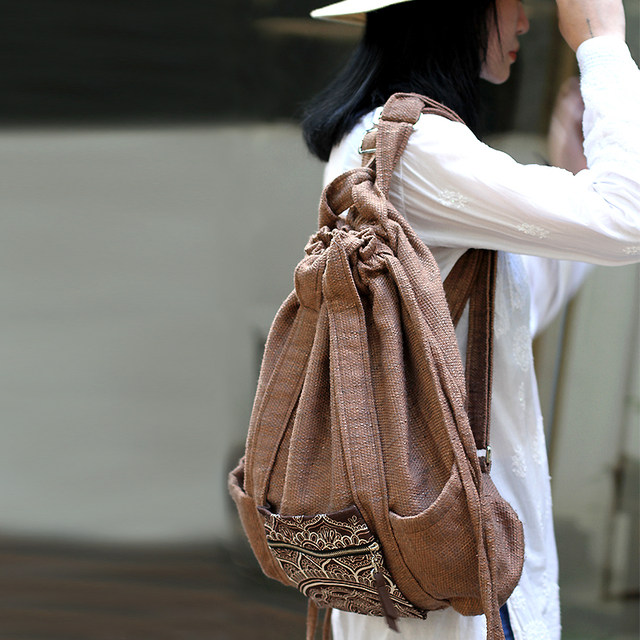 Mia original cotton and linen bag drawstring forest style national trend large capacity ethnic ...