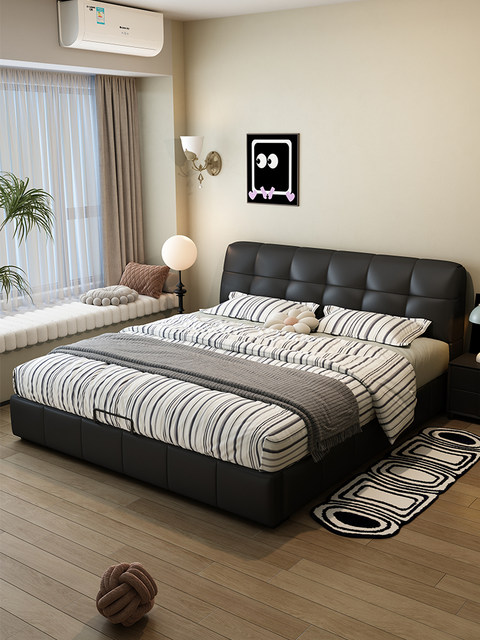 Blue Ideal Black Puff Bed Retro Leather Bed Modern Simple Internet ...