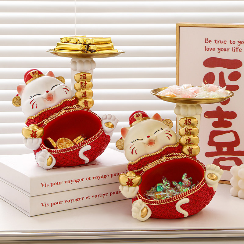Lucky Cat Candy Dish - Resin Tray for Snacks, Fruits & Decoration