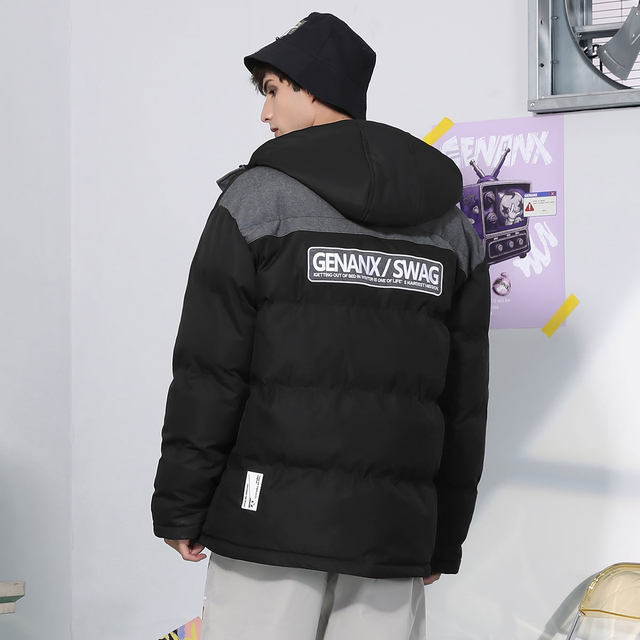 GENANX Lightning Fashion Brand Black Gray Hooded Down Jacket Men's Winter Warm Splicing Patch ...