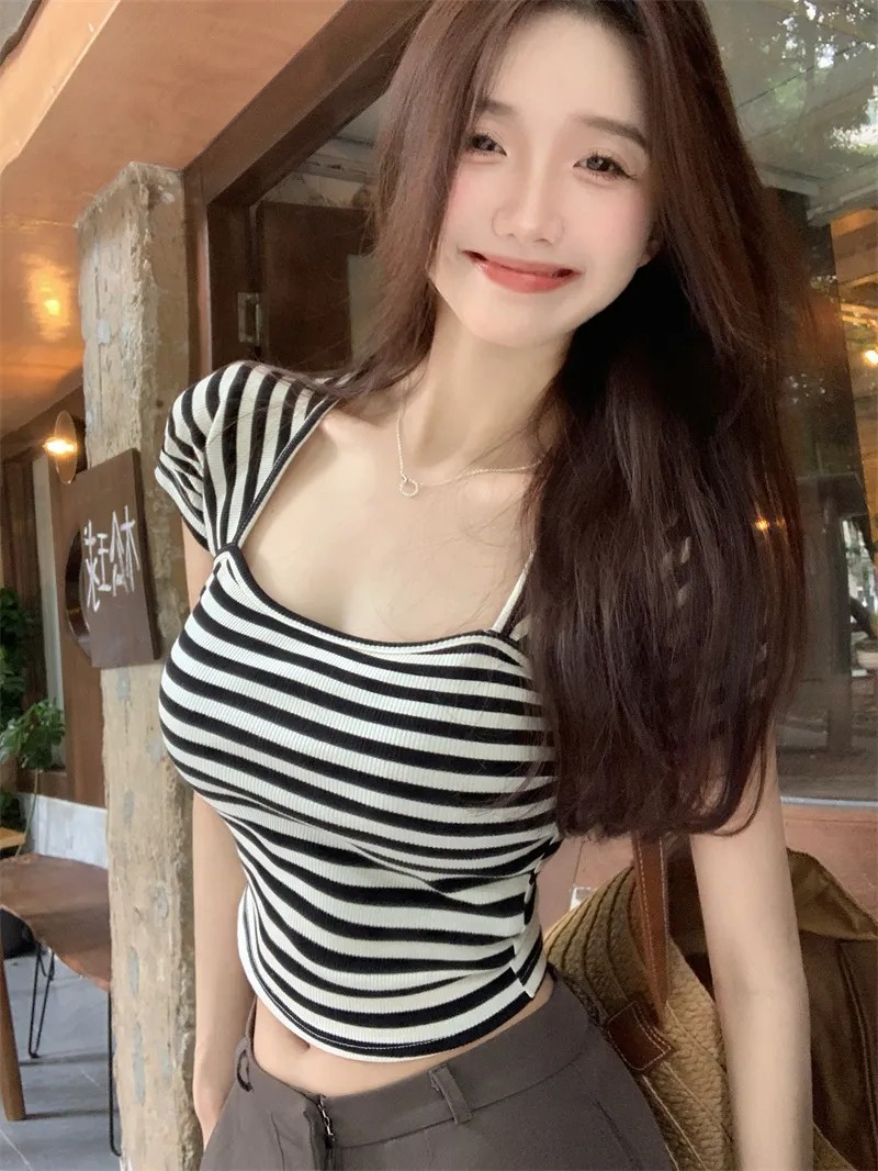 Summer small striped pure lust style short shoulder T-shirt women's ...