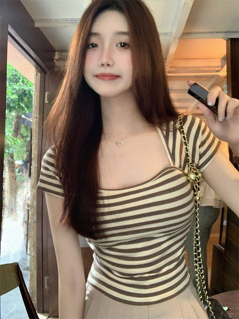 Summer small striped pure lust style short shoulder T-shirt women's ...