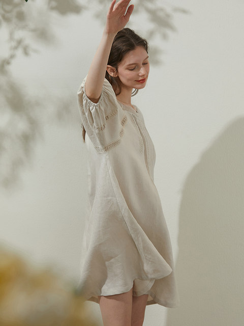 Liney retro solid color lantern sleeve loose dress square collar seven ...