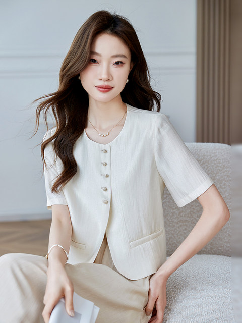 Acetate Blazer for Women, Summer Short-Sleeved, Short Style, Round Neck ...