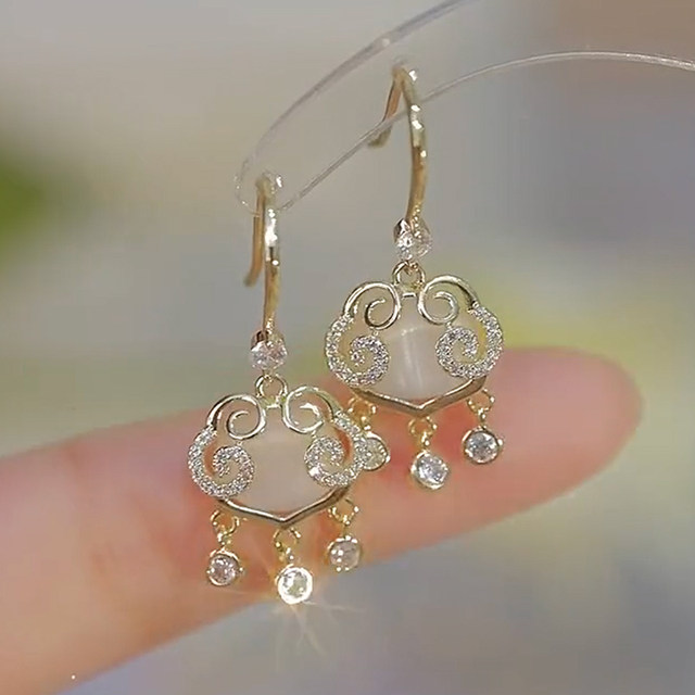 Ethnic style zircon earrings, Xiangyun Ping'an lock earrings, versatile ...