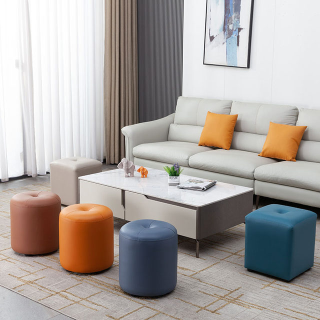 Light luxury genuine leather small round stool home sofa leather stool ...