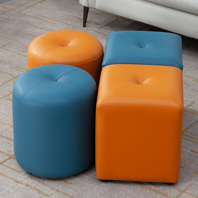 Light luxury genuine leather small round stool home sofa leather stool ...