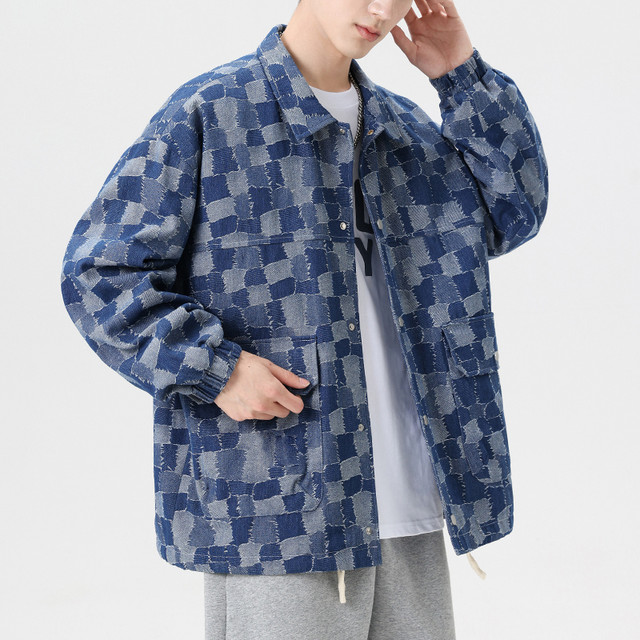 Men's plaid denim jacket trendy brand men's autumn handsome men's ...