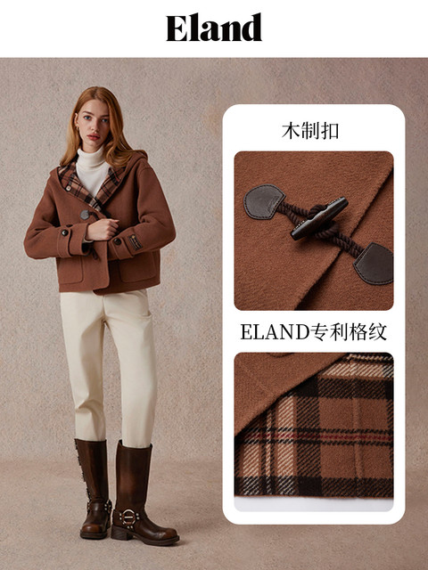 Eland clothes woolen coat women's checkered warm short coat winter style