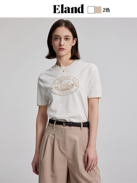 Eland clothes T -shirt women's short -sleeved sweater round collar knit ...