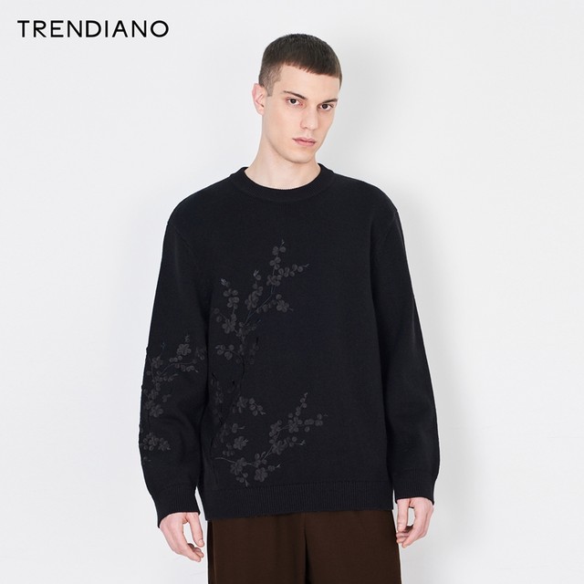 TRENDIANO Classic Series Flower Appliqué Loose Round Neck Sheep Wool ...