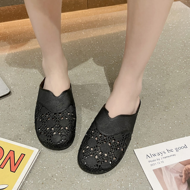 Women's shoes fashion summer new lace toe-cap half slippers mesh hollow ...