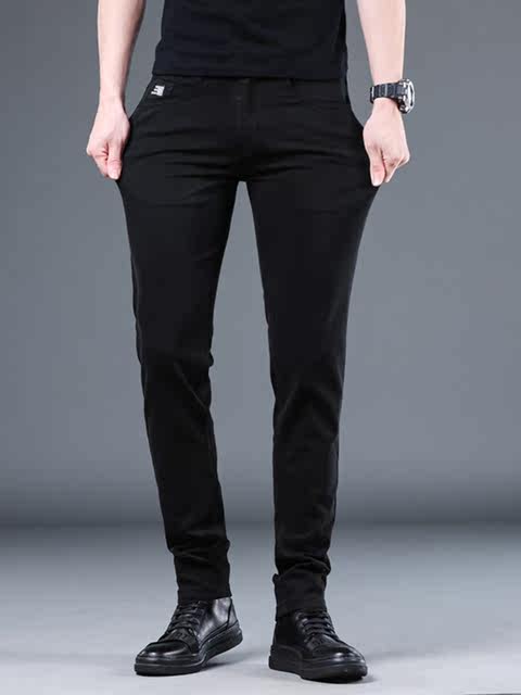 Summer thin high elastic slim foot Tennis jeans pure black ice silk ...