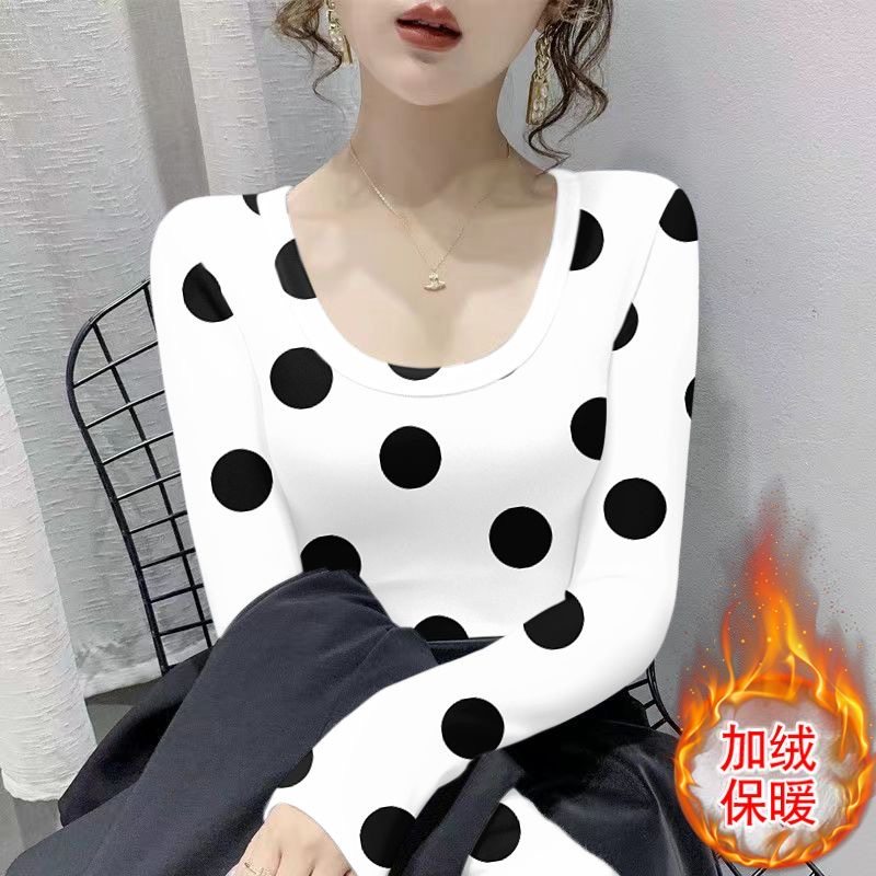 Velvet warm bottoming shirt for women, long-sleeved inner U-neck top ...