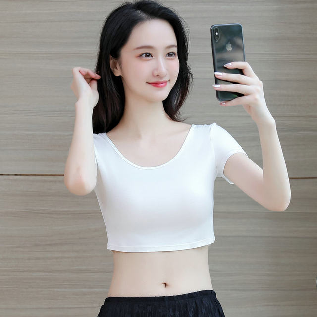 Modal half-length bottoming short round neck top with navel-baring T ...