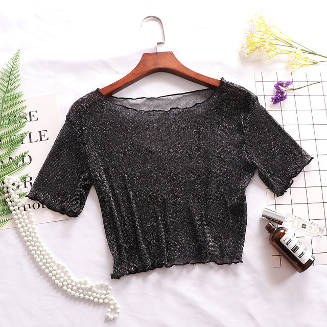 Half -cut transparent short tulle top sexy mesh bottom shirt female ...