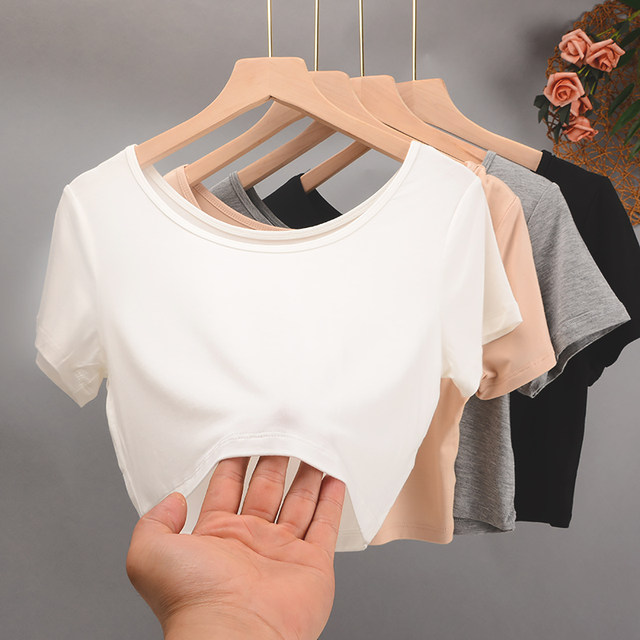 Modal half-length bottoming shirt solid color short top round neck ...