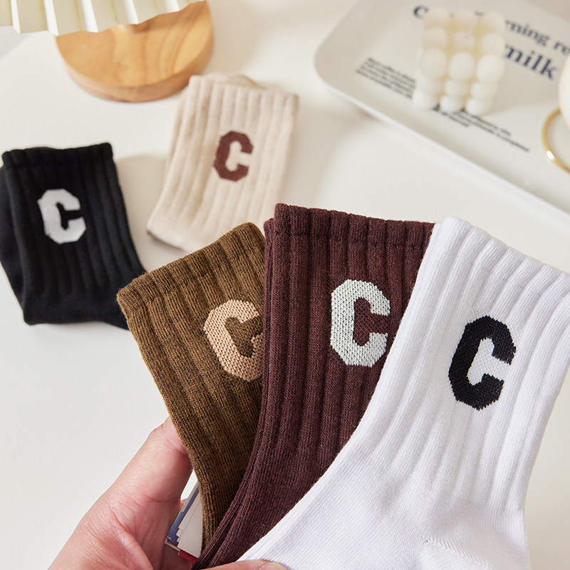 Letter C socks women's mid-calf socks autumn and winter warm ins trendy ...
