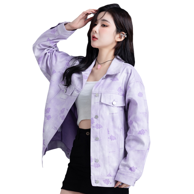 Purple Grape Printed denim jacket Female Spring and Autumn Painted ...
