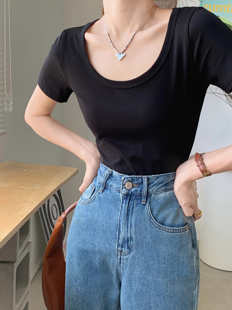 Xia Qiu Xian's breasts, low -necked t -shirts female U collar short ...