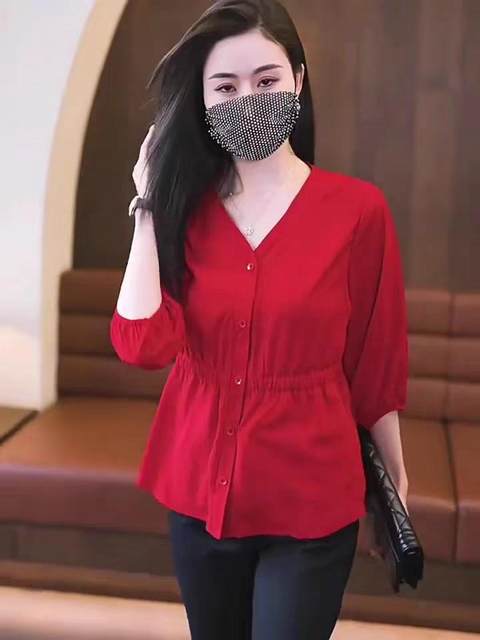 Explosive shirt Female fashionable belly, seven -point sleeve top 2024 ...