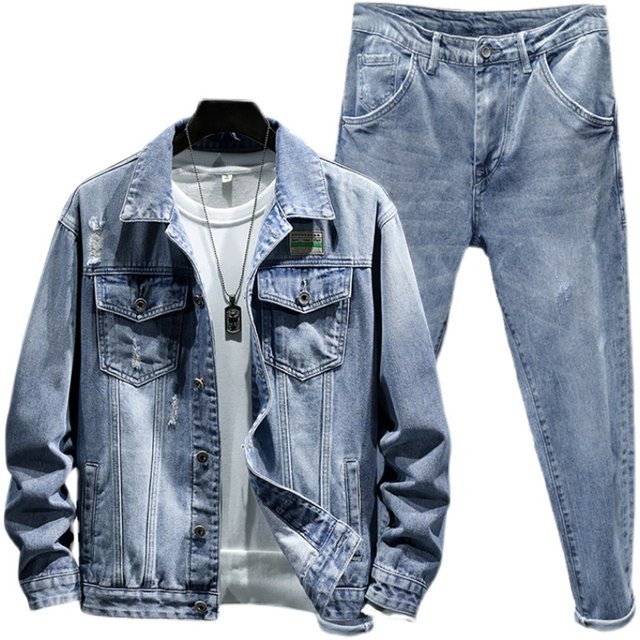 Spring and Autum Embroidered Denim Suit Men's Korean Style Trendyy ...