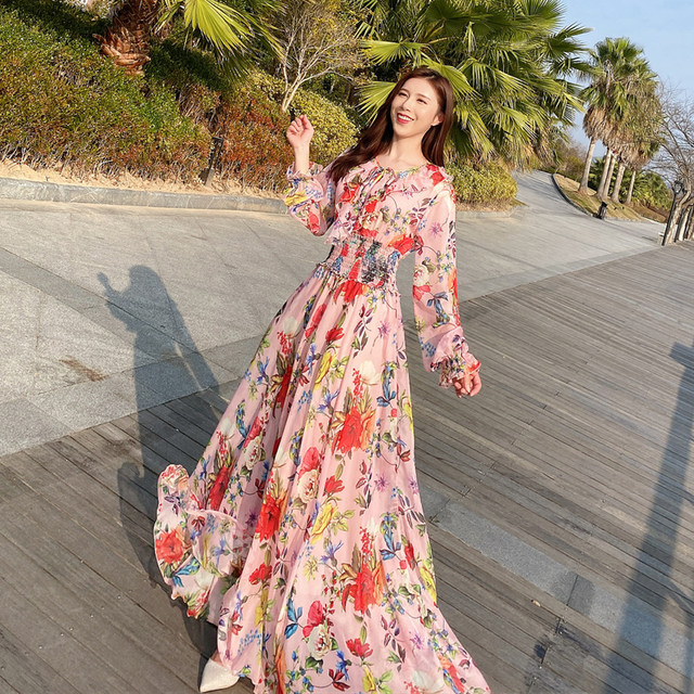 Flower chiffon dress female lotus leaf long -sleeved large size waist ...