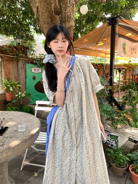 Japanese and Korean chic2024 summer retro floral dress niche large size loose lace-up cotton and ...