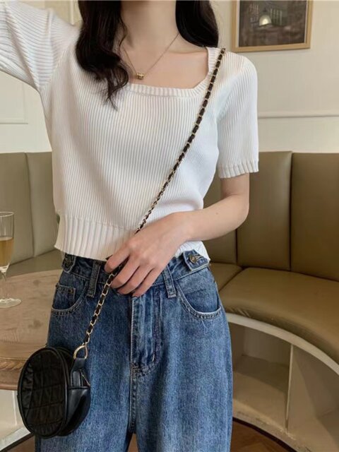 Short-sleeved square collar tops for women 2024 new spring and summer ...