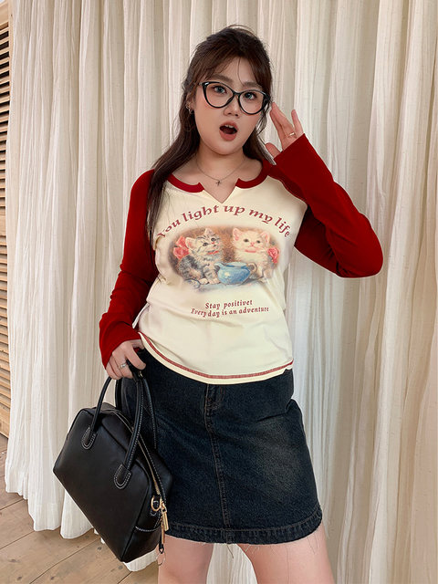 Yuzi caviar printed long -sleeved T -shirt large size women's winter slightly fat MM girl shows ...