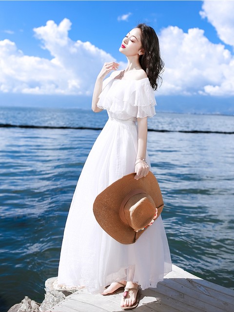 2024 Summer new one -word shoulder white dress chiffon sandy beach ...