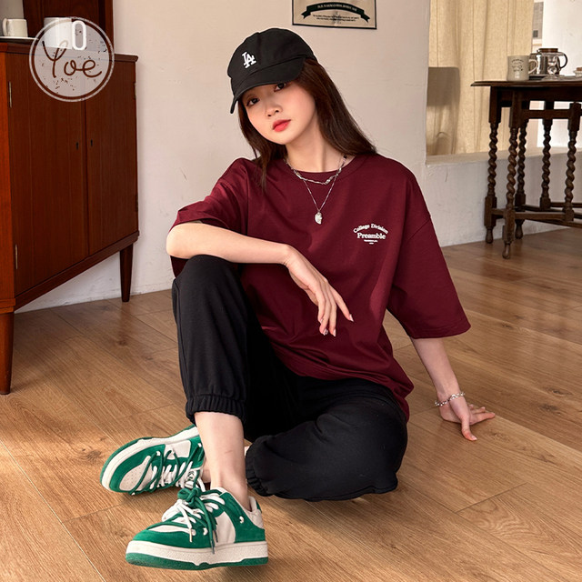 Yoe wine red t-shirt American retro women's pure cotton short-sleeved ...