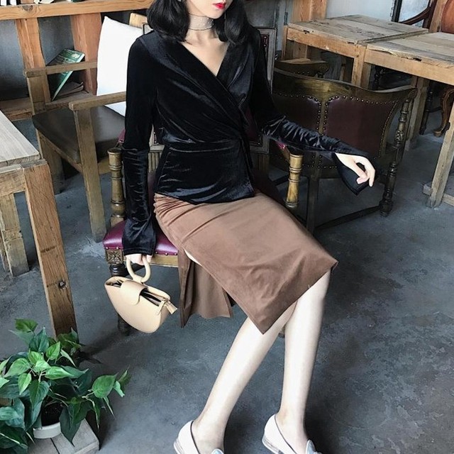 Gold velvet top women's coat long-sleeved style spring and autumn thin ...