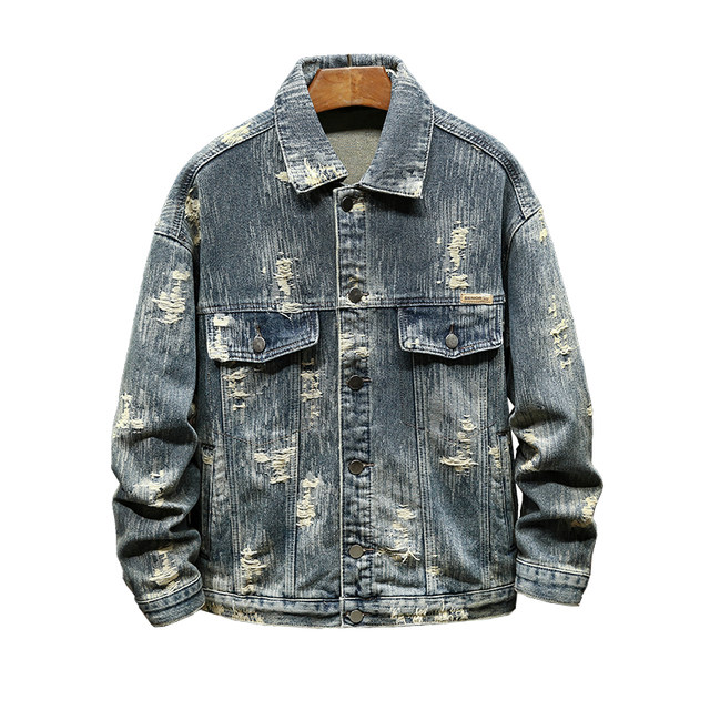 Frayed denim jacket men's spring and autumn American retro jacket loose ...