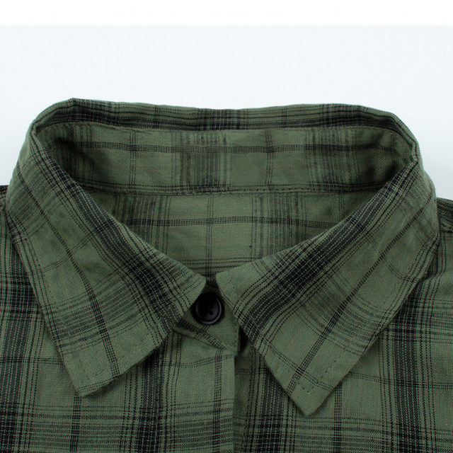 VintageTang American retro dark green checked long-sleeved shirt ...