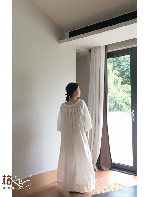 Slack feeling one-length neck off-shoulder cotton and linen dress for ...
