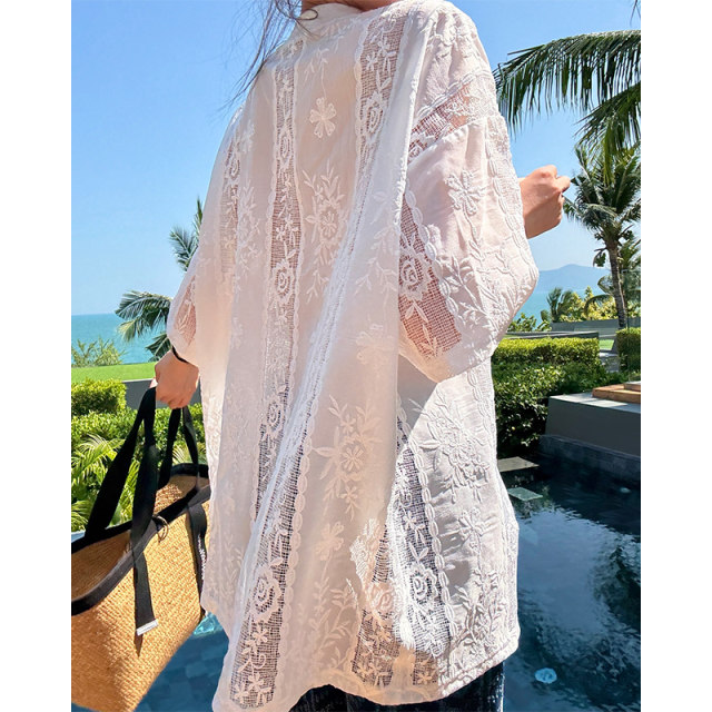 Li Wanjun embroidered jacquard loose slightly transparent short-sleeved ...